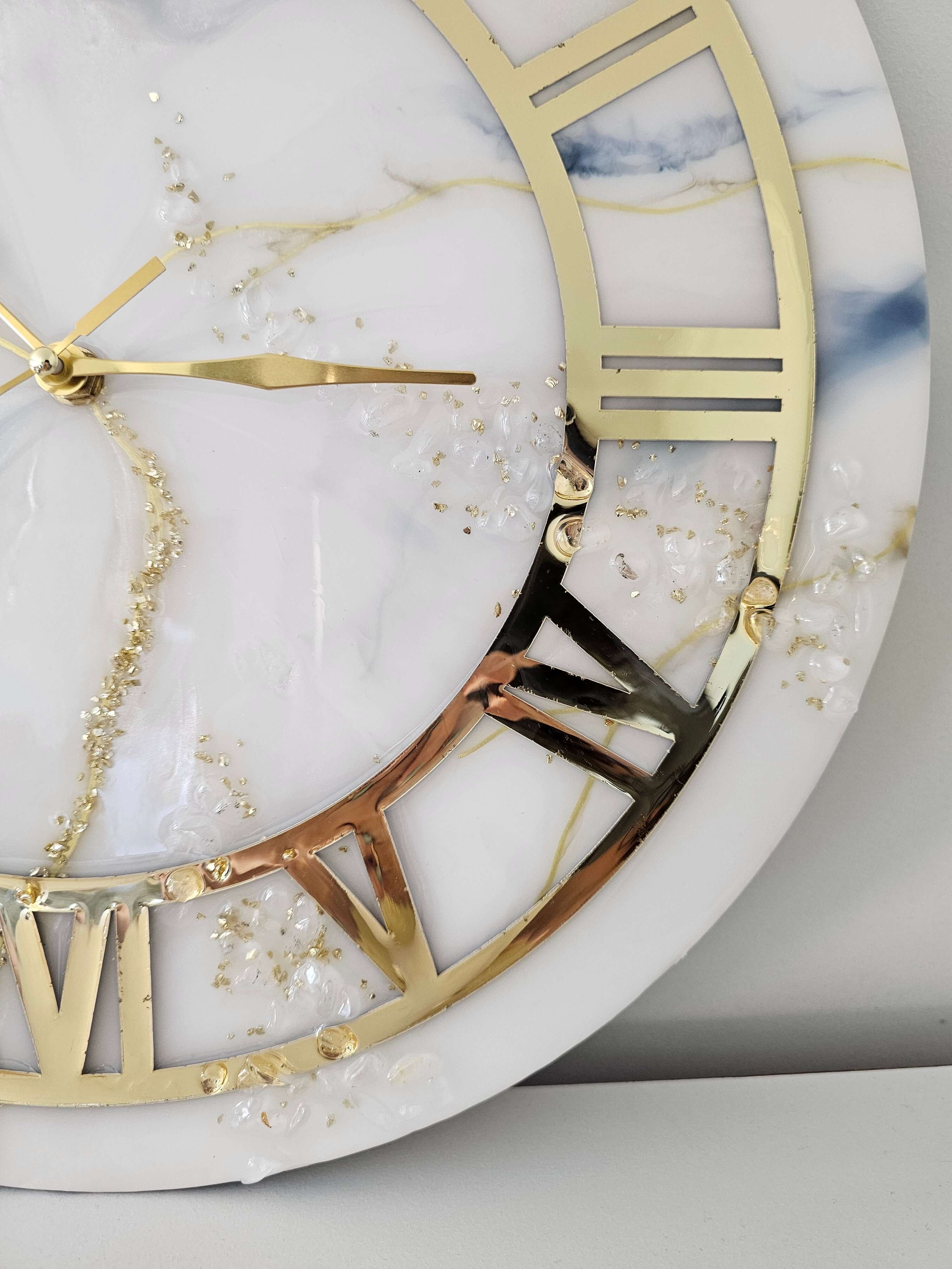 White and gold marble effect hand-crafted resin wall clock